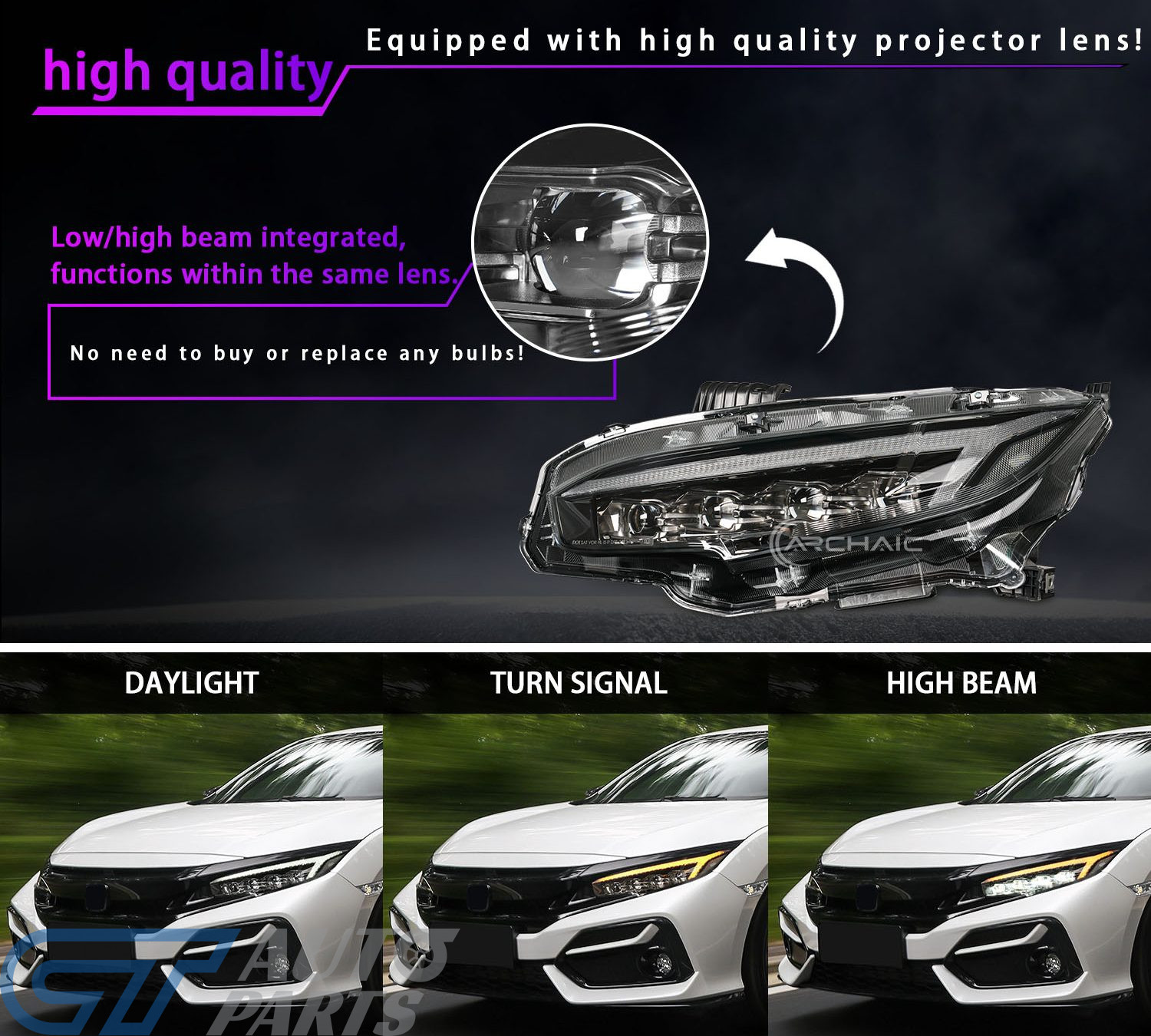 Tri-LED Projector LED Dynamic Headlights for 16-21 Honda Civic FK7 FK8 ...